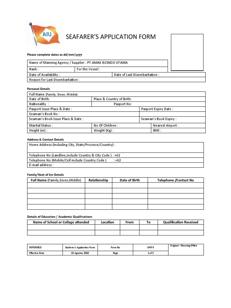 Seafarer'S Application Form: Please Complete Dates As Dd/mm/yyyy | PDF ...