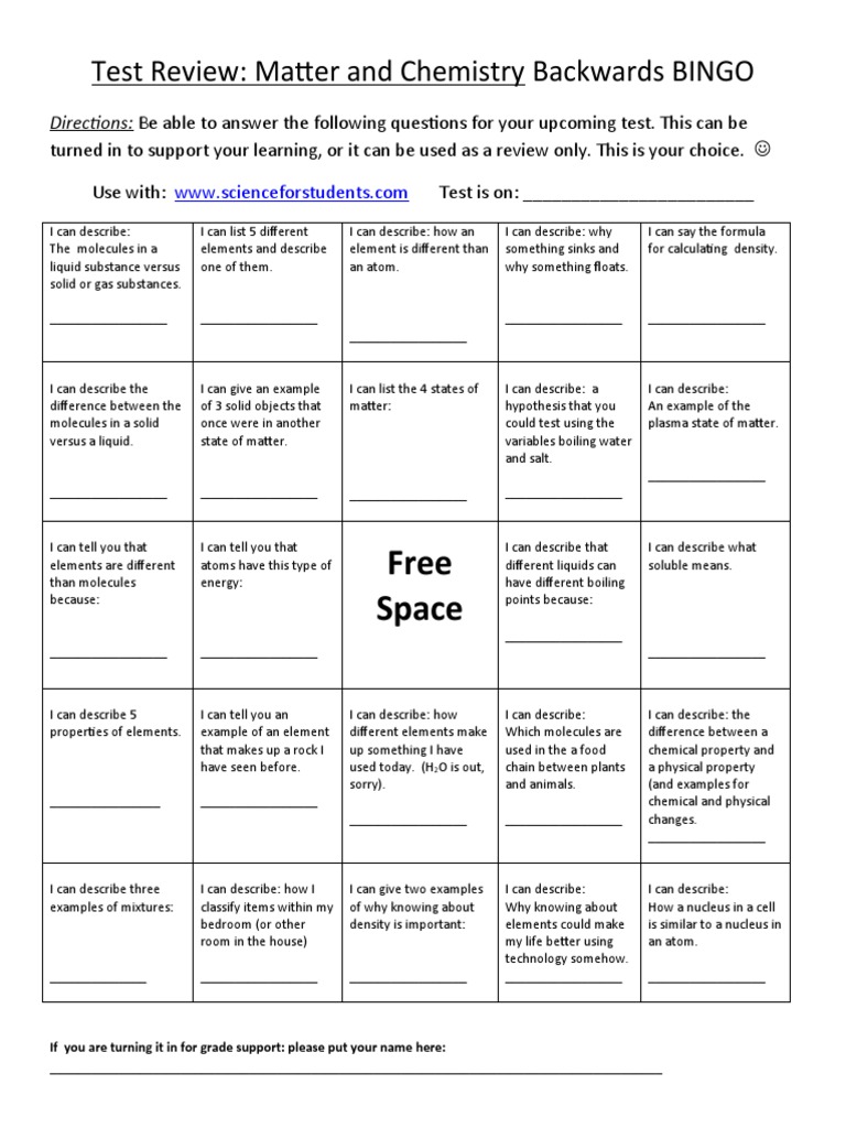 Chemistry Test Review-Bingo Card | PDF | Leisure | Chemistry
