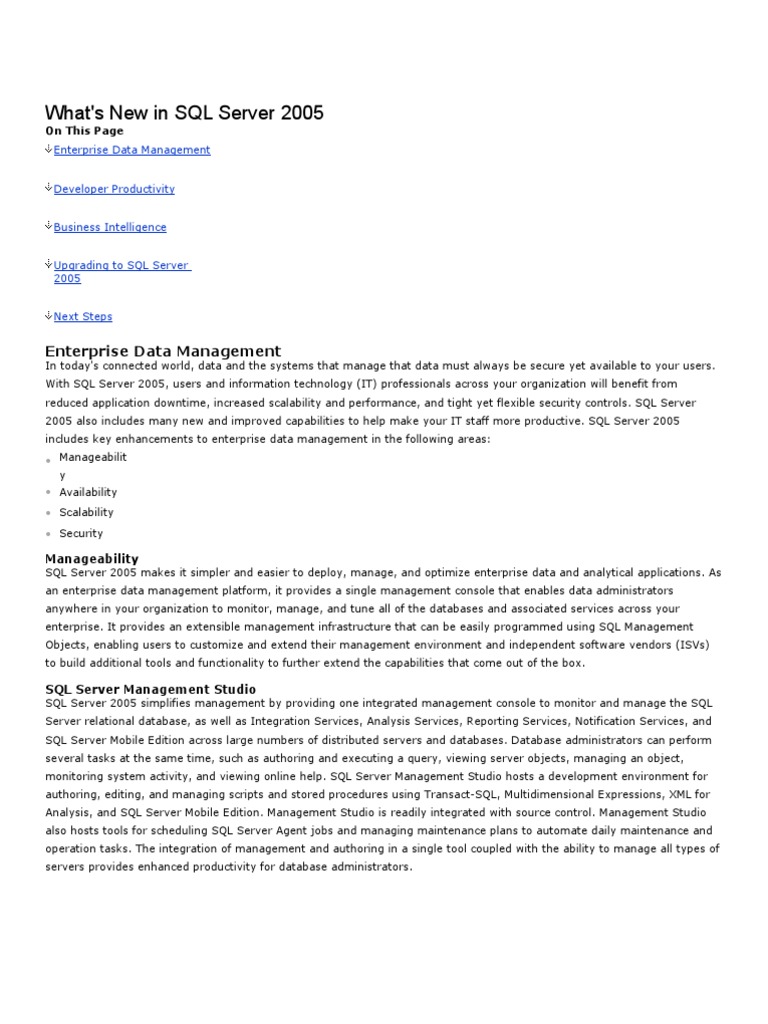 What Is New in SQL Server 2005 | PDF | Microsoft Sql Server | Microsoft Visual Studio