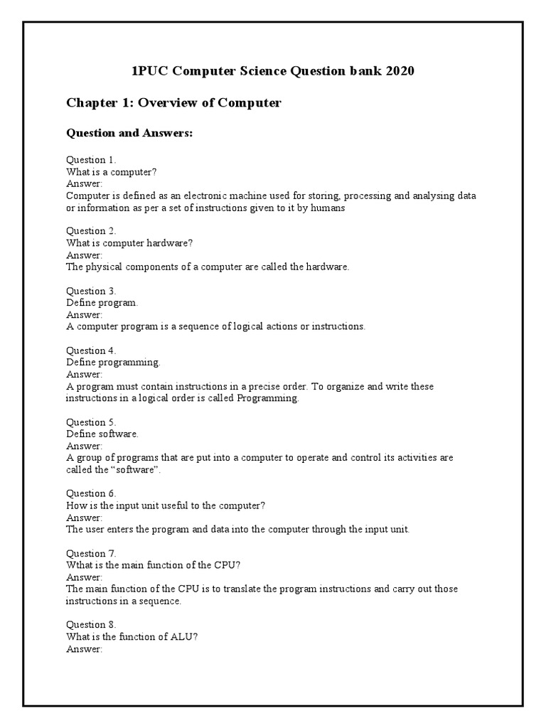 1PUC Computer Science Question Bank 2020 | PDF | Computer Data Storage ...