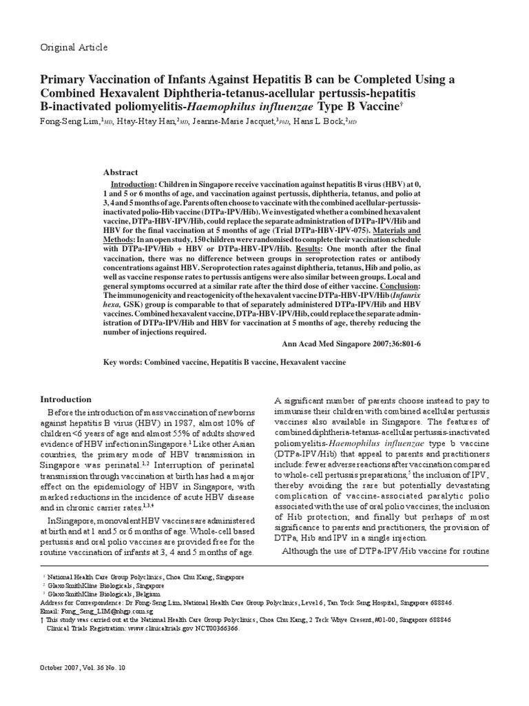 Original Article: Hexa, GSK) Group Is Comparable To That of Separately ...
