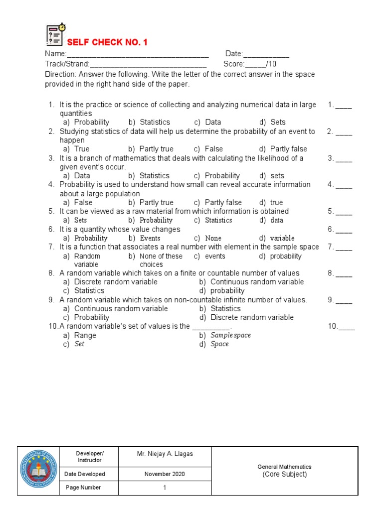 General Mathematics Self Check Quiz | PDF | Random Variable ...