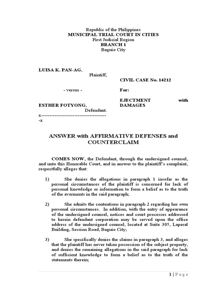 Answer (Fotyong) | PDF | Complaint | Lawsuit