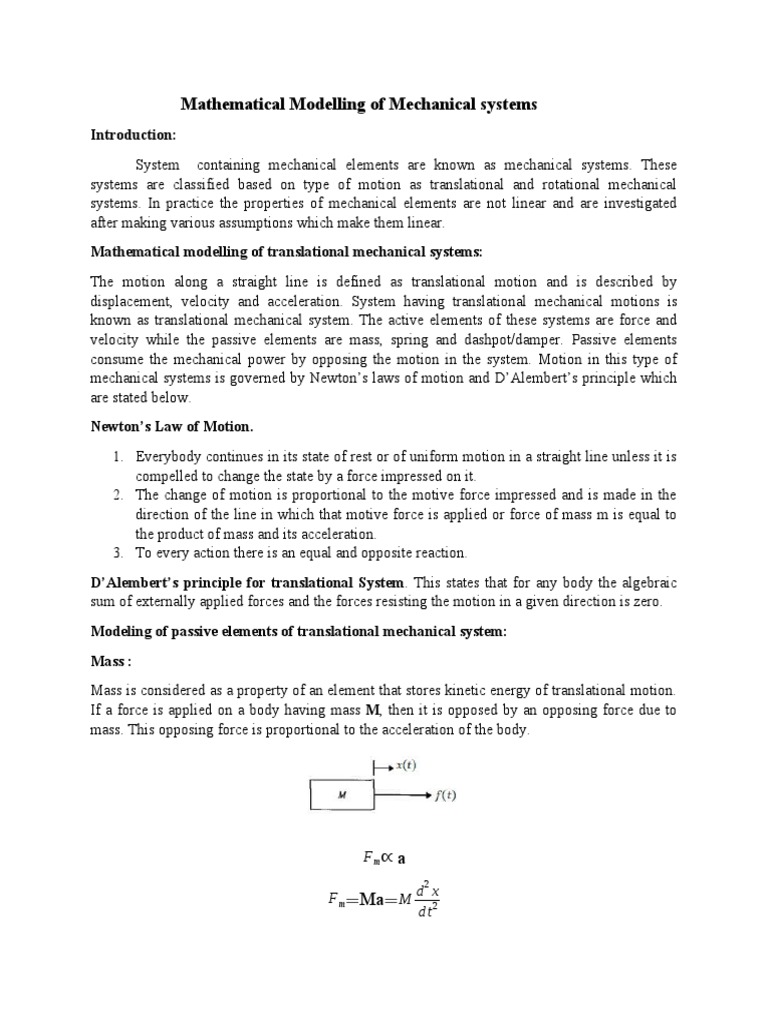 Mathematical Modelling of Mechanical Systems | PDF | Newton's Laws Of ...