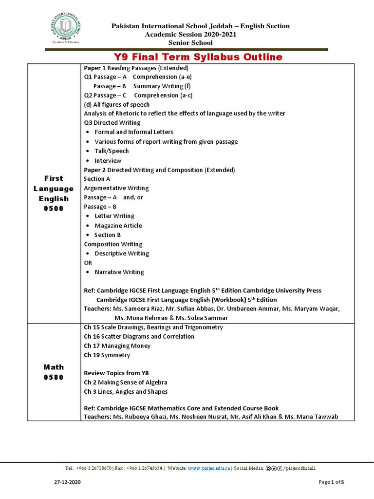 Y9 FINAL TERM SYLLABUS Outline 2020-21 PDF | PDF | Hadith | Chemical Reactions