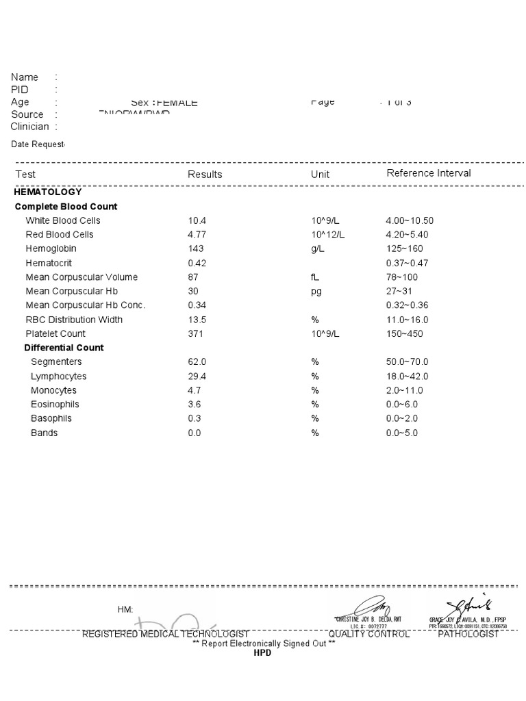 Sample Hematology Result | PDF | Blood Cell | Hematology