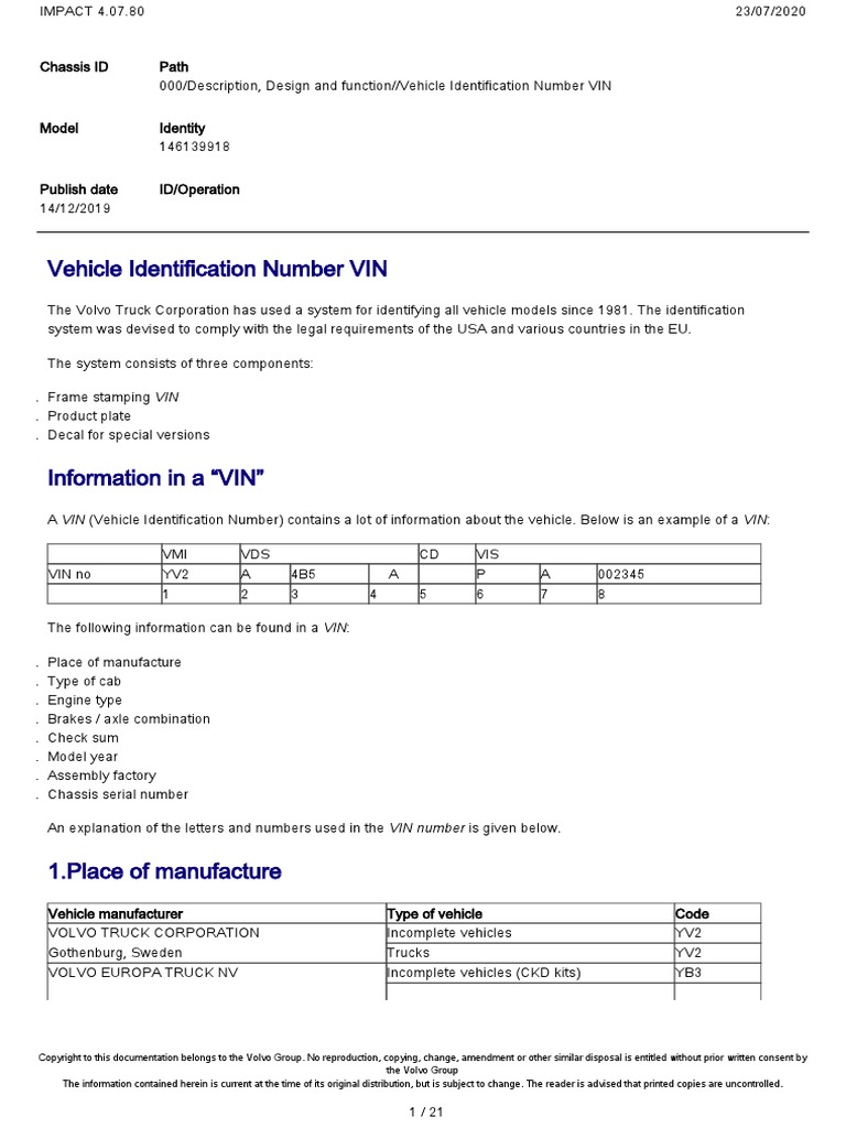 Volvo Truck Vehicle Identification Number VIN | PDF | Motor Vehicle ...