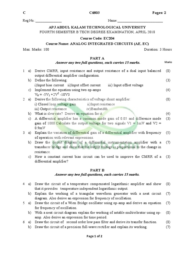 Answer Any Two Full Questions, Each Carries 15 Marks.: Reg No.: - Name | PDF | Amplifier ...