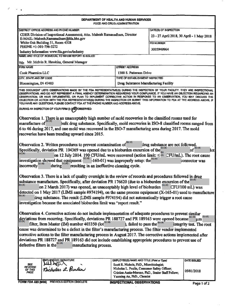 US FDA 483 To Cook Pharmica LLC - US | PDF