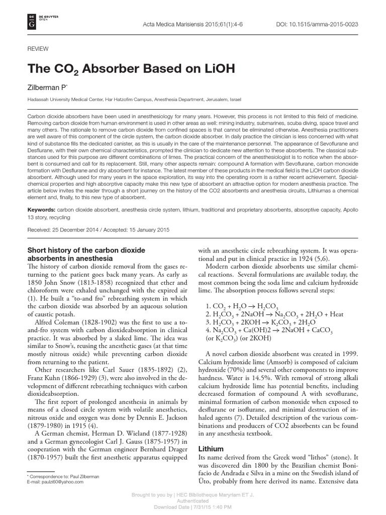 The Co2 Absorber Based On Lioh 1 | PDF | Anesthesia | Chemical Substances