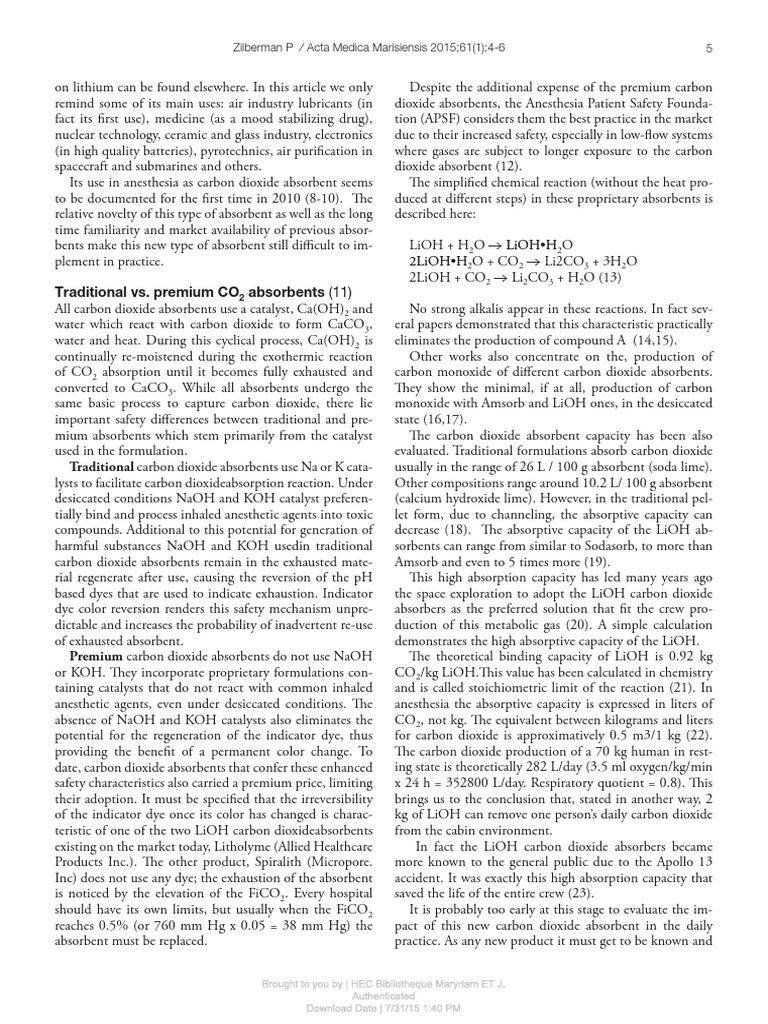 The Co2 Absorber Based On Lioh 2 | PDF | Chemistry | Physical Sciences