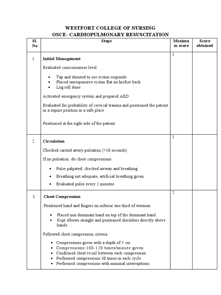CPR Procedure Checklist for OSCE | PDF | Cardiopulmonary Resuscitation ...