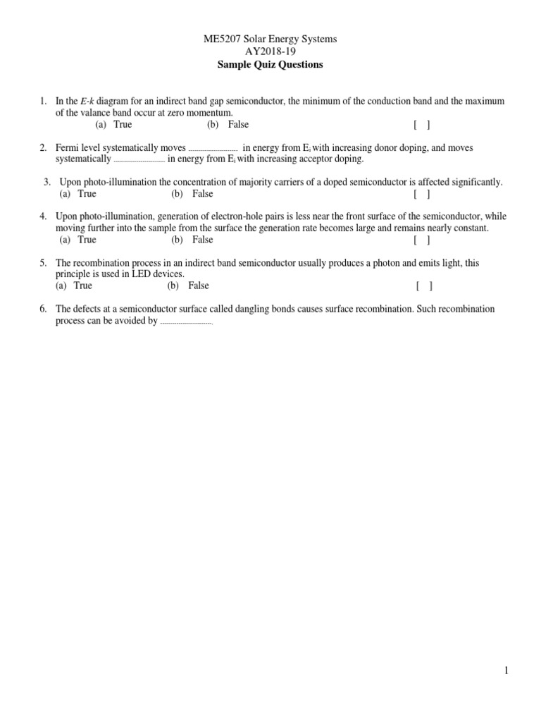 Sample Quiz Questions: ME5207 Solar Energy Systems AY2018-19 | PDF