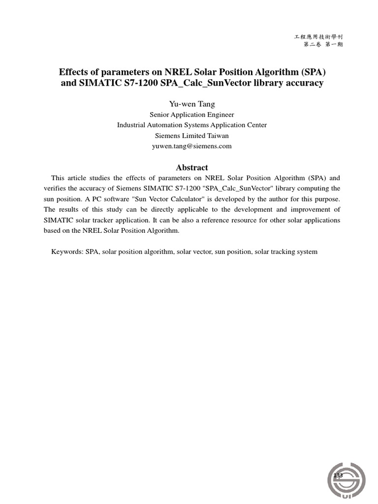 Effects of Parameters On Nrel Solar Position Algorithm (Spa) and ...
