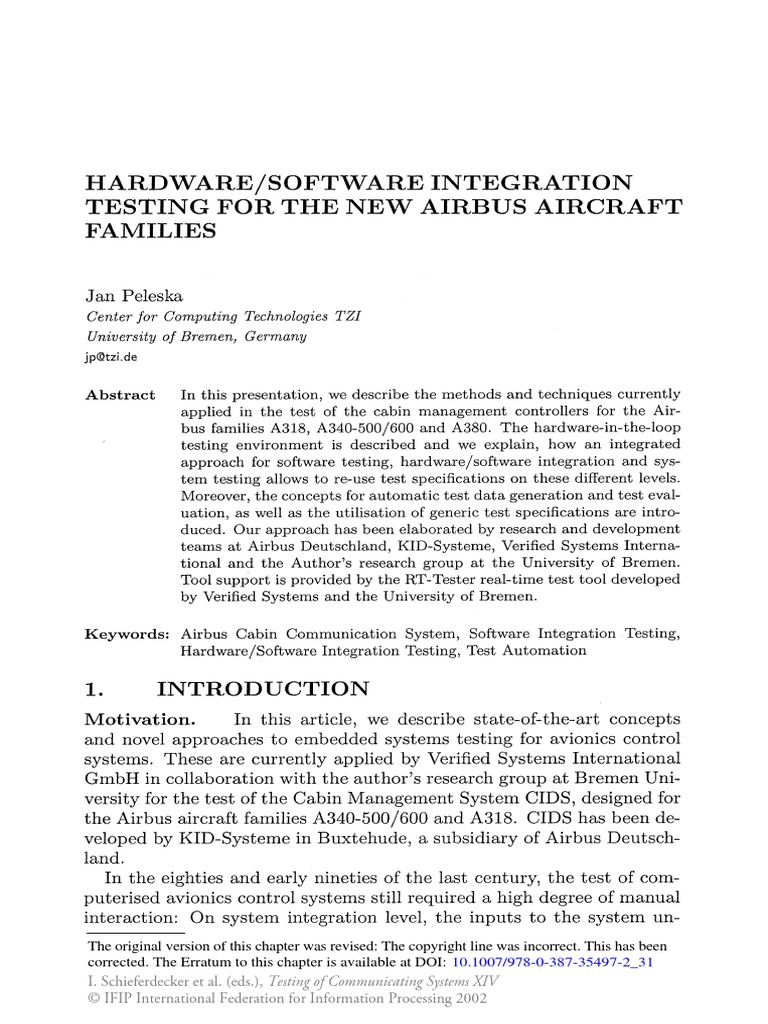 Hardware/Software Integration Testing For The New Airbus Aircraft ...