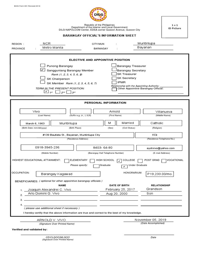 1 X 1 ID Picture: Barangay Official'S Information Sheet | PDF | Philippines