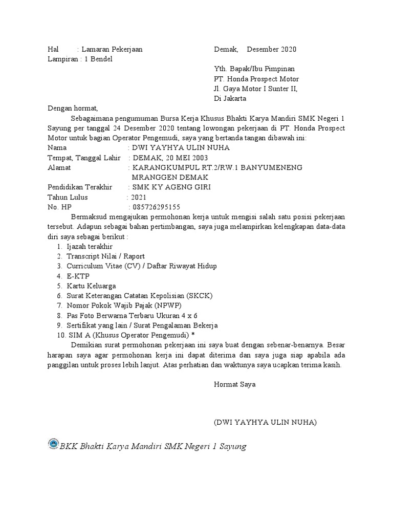 Surat Lamaran Kerja PT. HPM | PDF