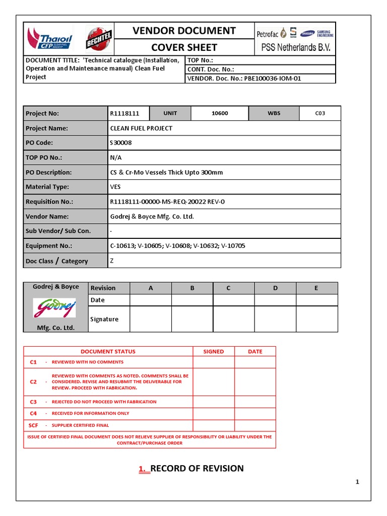 Vendor Document Cover Sheet: Record of Revision | PDF | Crane (Machine ...