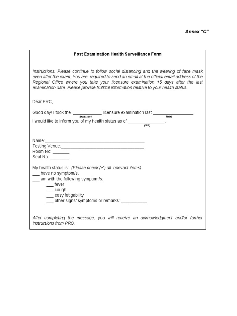 PRC Annex C: Post Exam Health Form | PDF