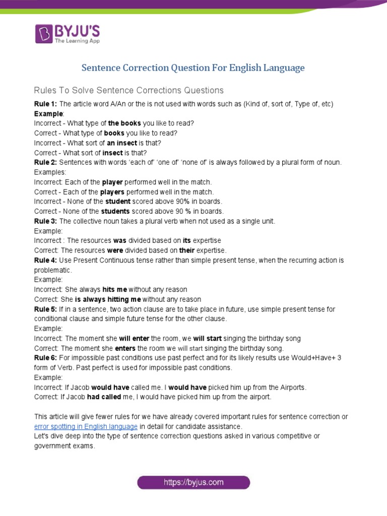 Sentence Correction Rules and Examples | PDF | Question | Grammatical Tense