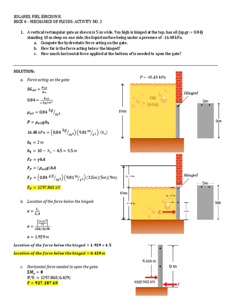 A. Force Acting On The Gate:: Solution | PDF | Pressure | Physical Quantities