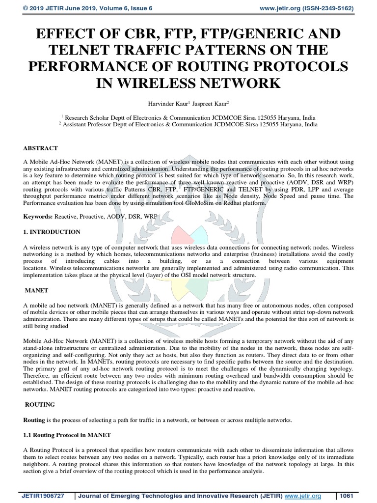 Effect of CBR, FTP, Ftp/Generic and Telnet Traffic Patterns On The Performance of Routing ...