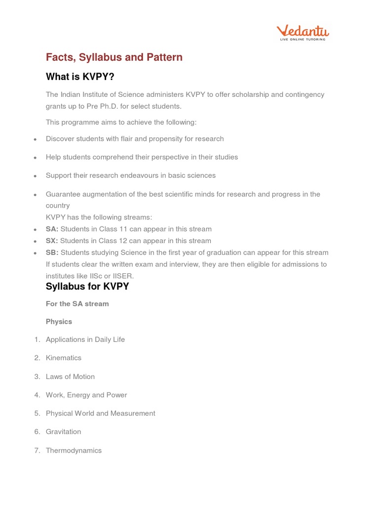 Facts, Syllabus and Pattern: What Is KVPY? | PDF | Chemistry | Test ...