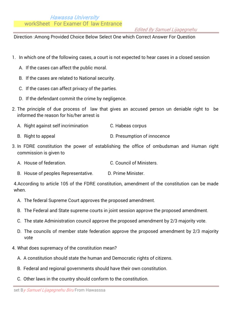 Law Entrance Exam Worksheet - Hawassa University | PDF