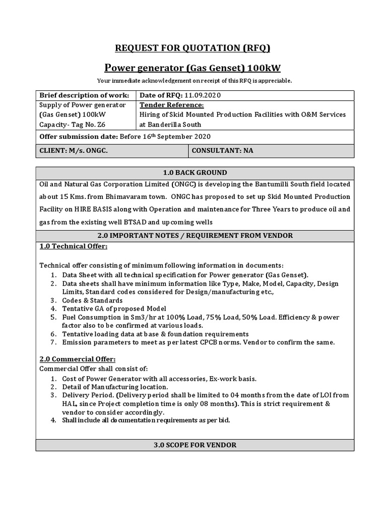 Request For Quotation (RFQ) Ower Generator (Gas Genset) 100kW | PDF ...