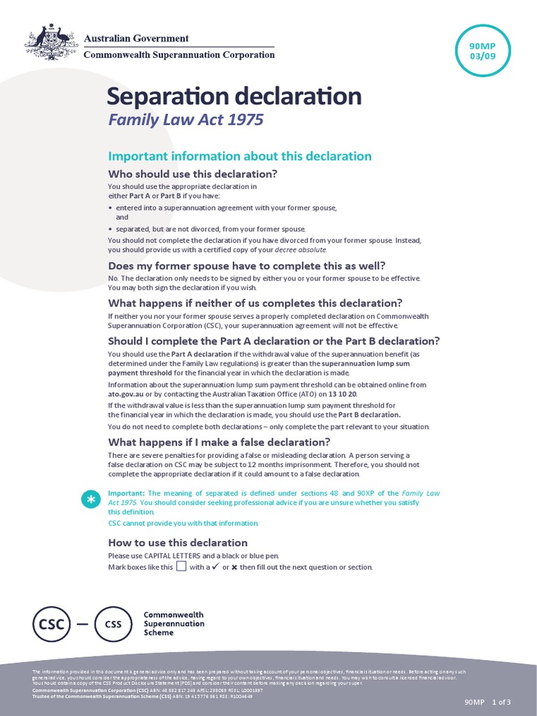 Separation Declaration: Family Law Act 1975 | PDF | Divorce | Pension