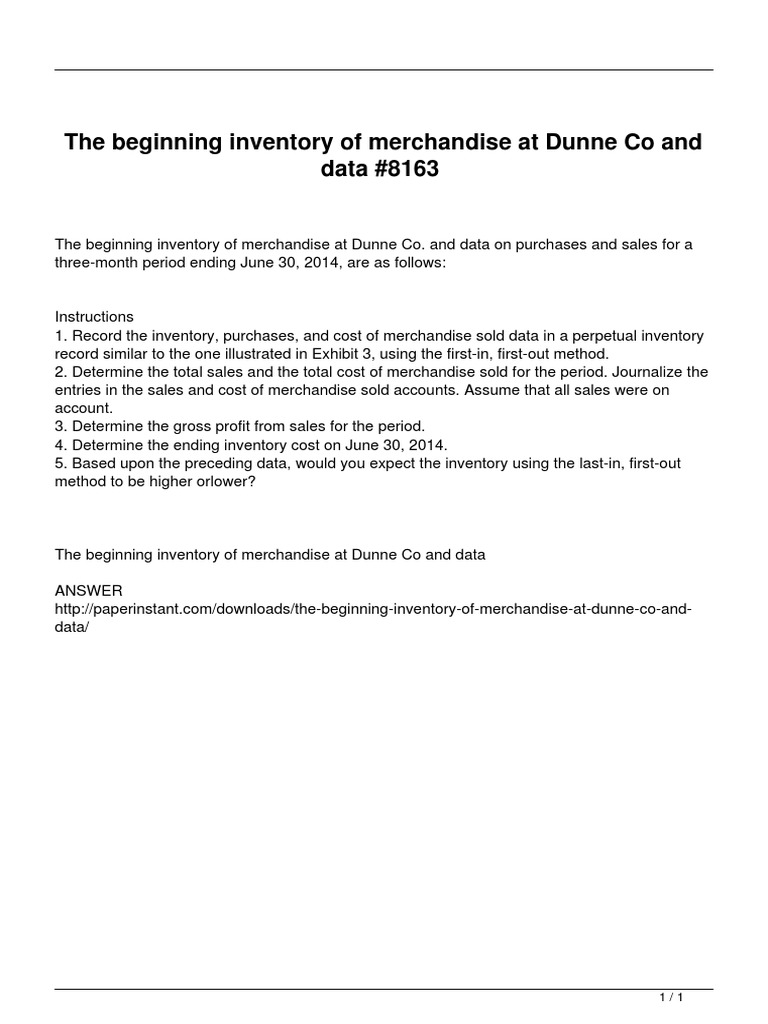 The Beginning Inventory of Merchandise at Dunne Co and Data | PDF