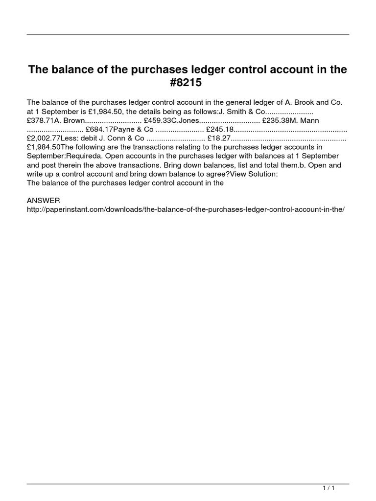 Purchases Ledger Control Account Balance | PDF