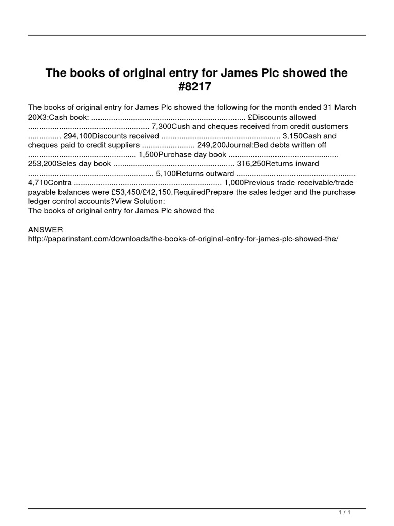 The Books of Original Entry For James PLC Showed The | PDF