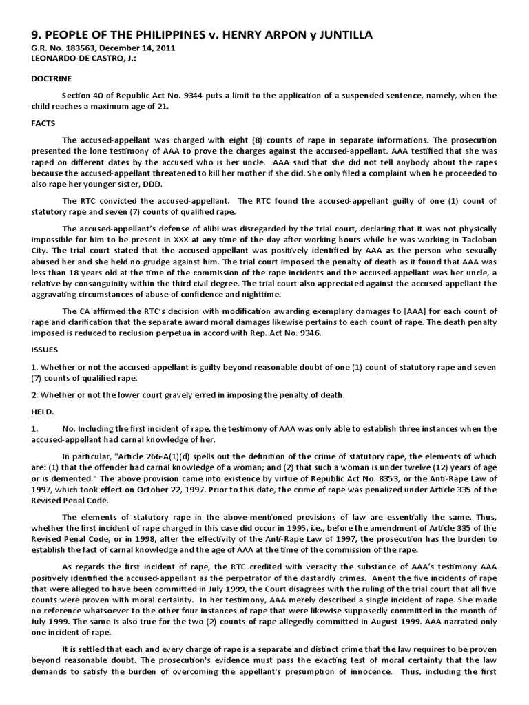 People of The Philippines V. Henry Arpon Y Juntilla | PDF | Burden Of ...