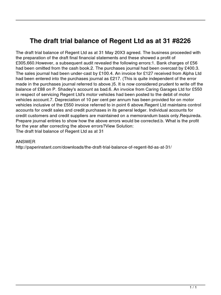 The Draft Trial Balance of Regent LTD As at 31 | PDF