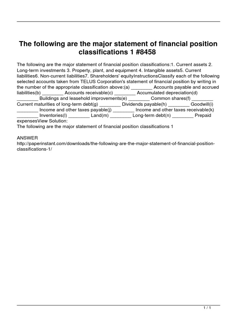 The Following Are The Major Statement of Financial Position ...