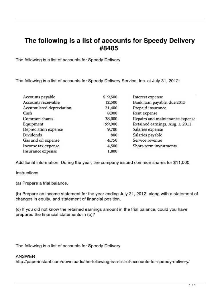 The Following Is A List of Accounts For Speedy Delivery | PDF