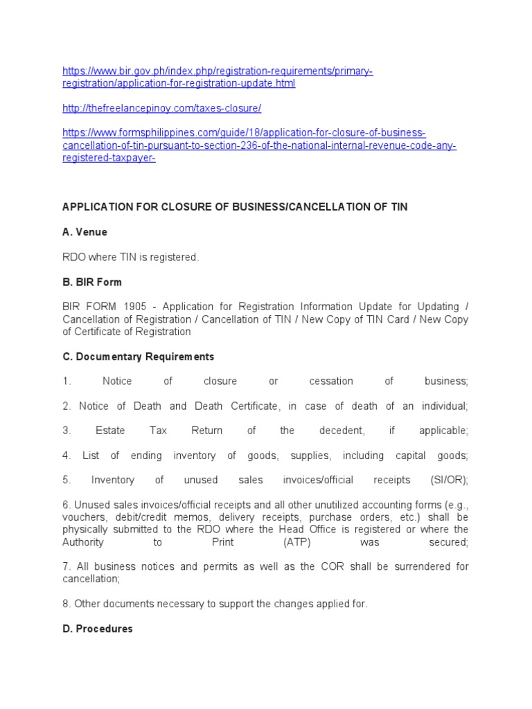 Application For Closure of Business/Cancellation of Tin A. Venue | PDF ...