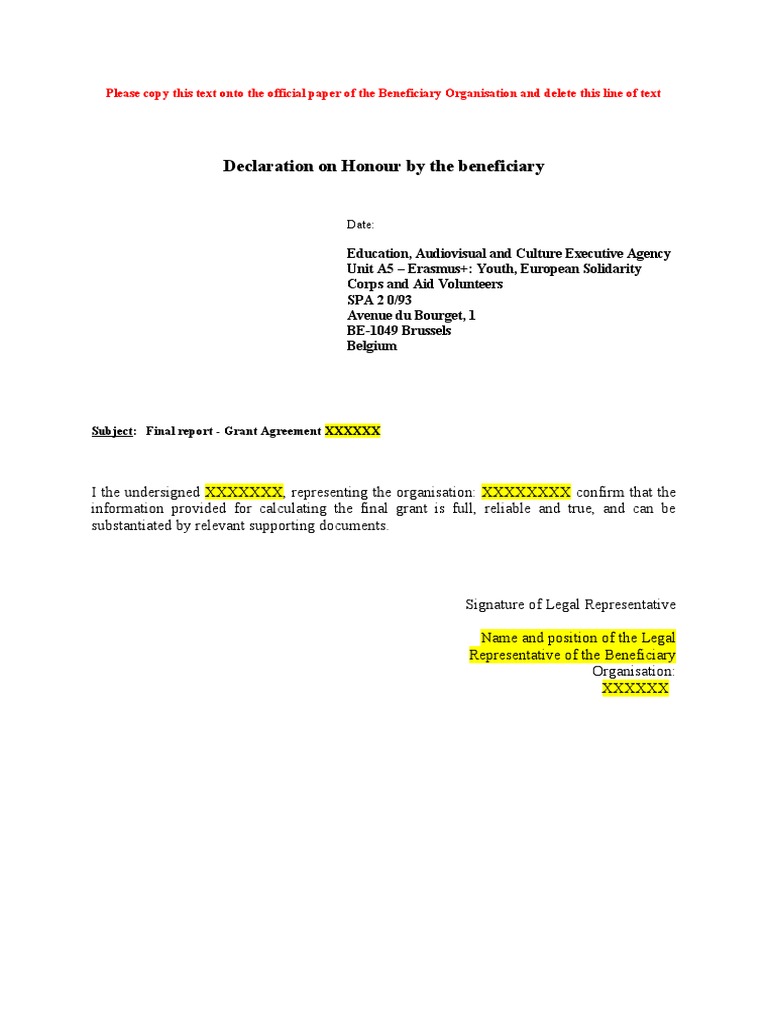 Declaration On Honour by The Beneficiary | PDF