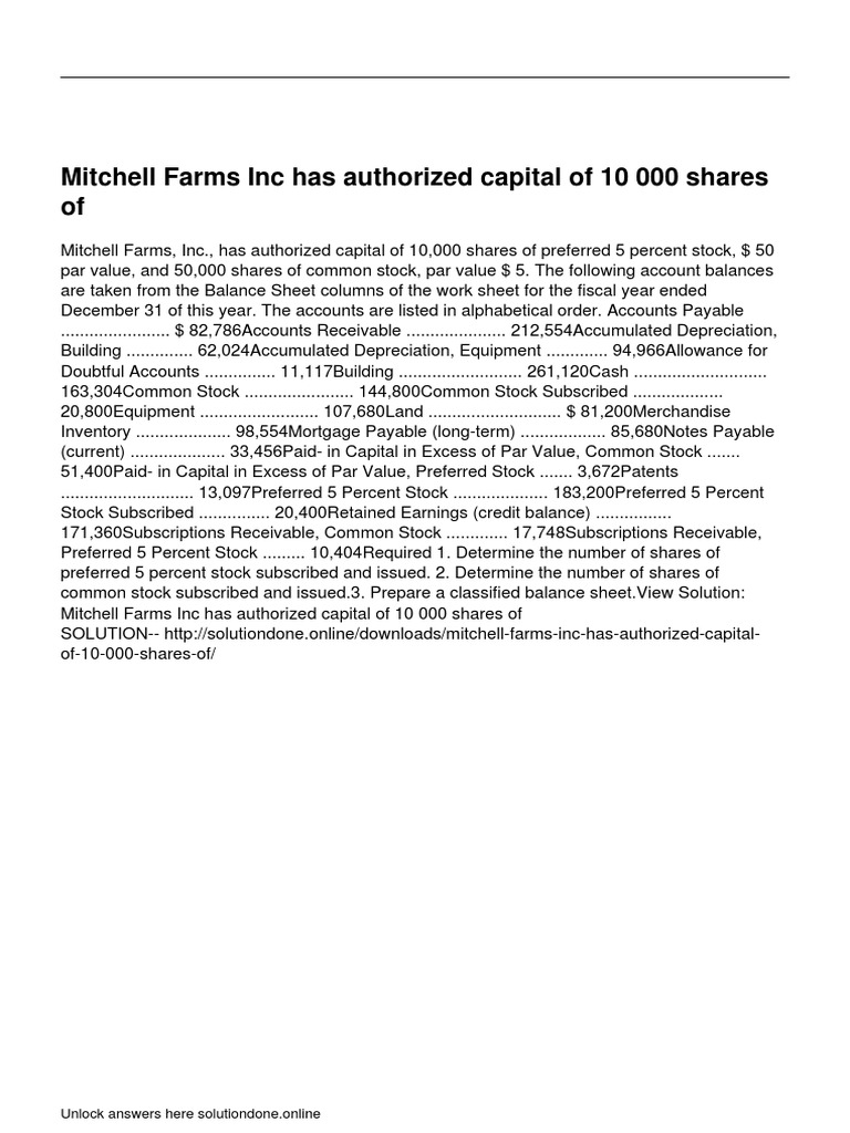 Mitchell Farms Inc Has Authorized Capital of 10 000 Shares of | PDF