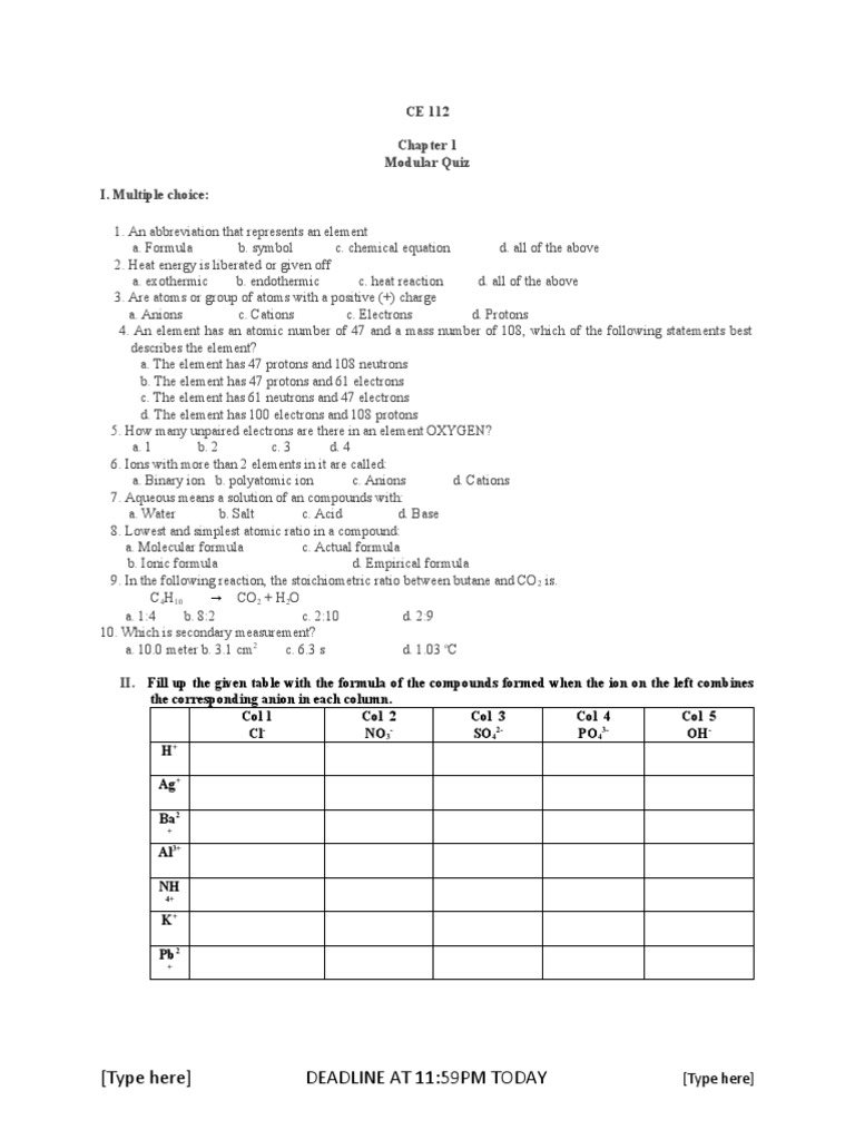 CE 112 Modular Quiz Overview | PDF | Ion | Chemical Compounds