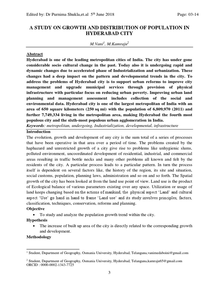 A Study On Growth and Distribution of Population in Hyderabad City PDF ...
