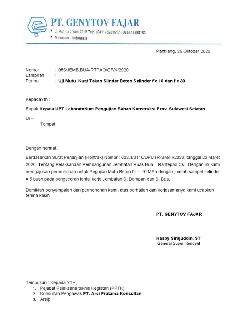 Surat Uji Mutu Beton F'C 10 | PDF