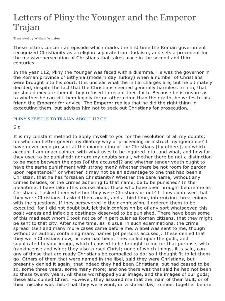 Letters of Pliny The Younger and The Emperor Trajan PDF | PDF