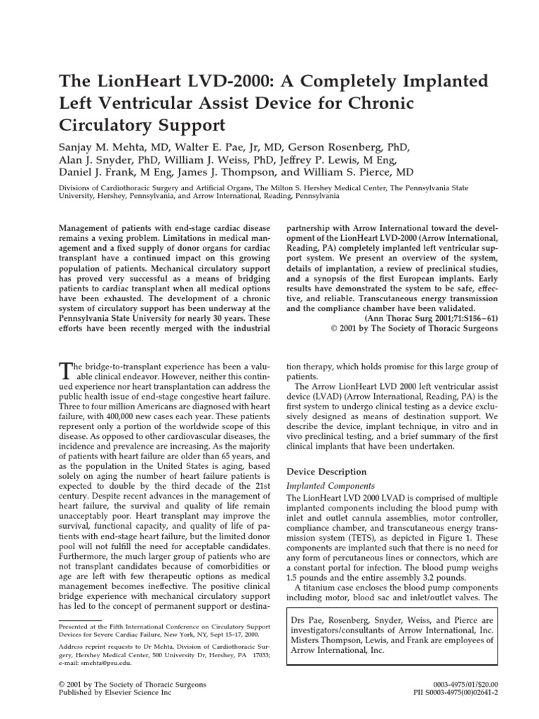 The Lionheart Lvd-2000: A Completely Implanted Left Ventricular Assist ...
