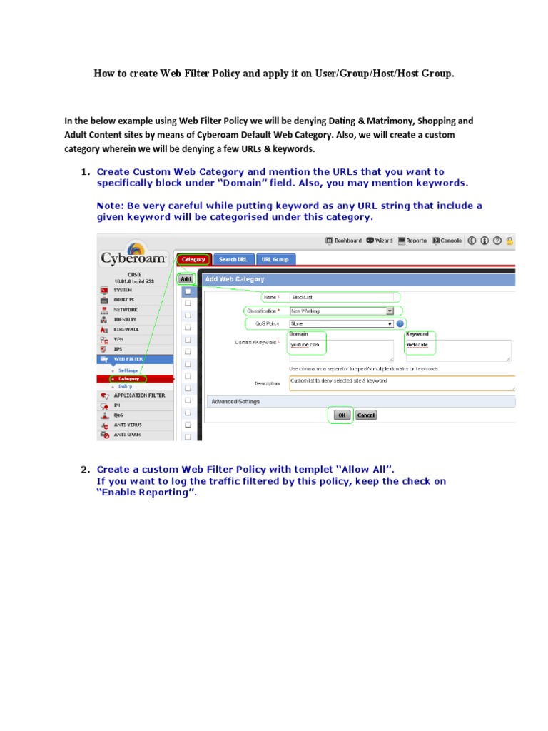 How To Create Web Filter Policy and Apply It On Us | PDF