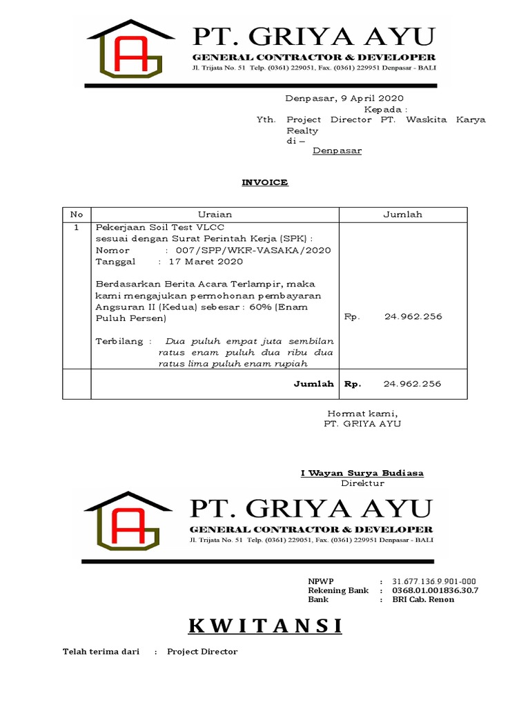 Invoice, Kwitansi Soil Test Vasaka Termin 2 | PDF