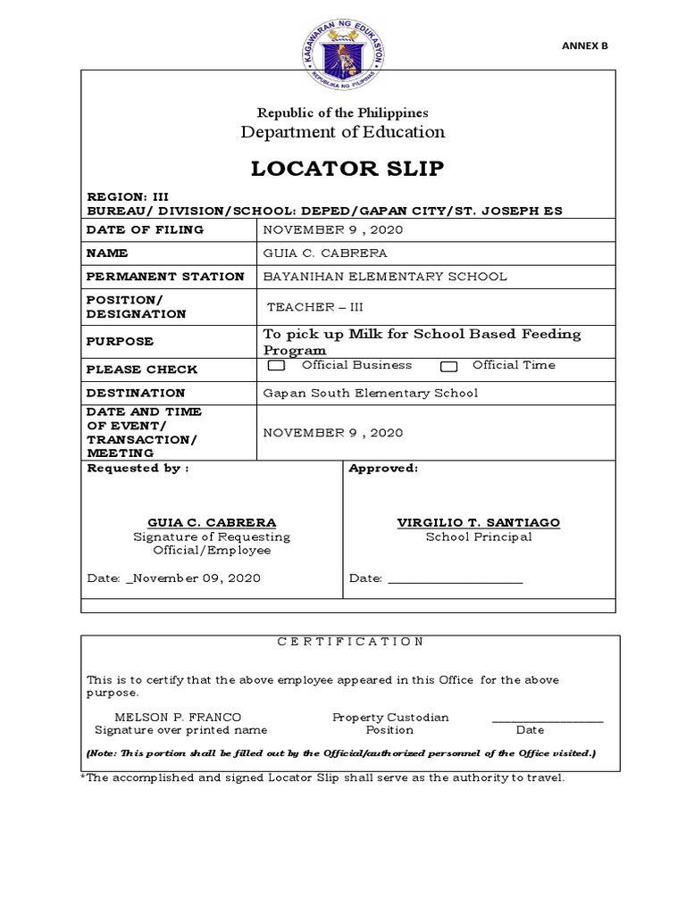 Locator Slip: Department of Education | PDF