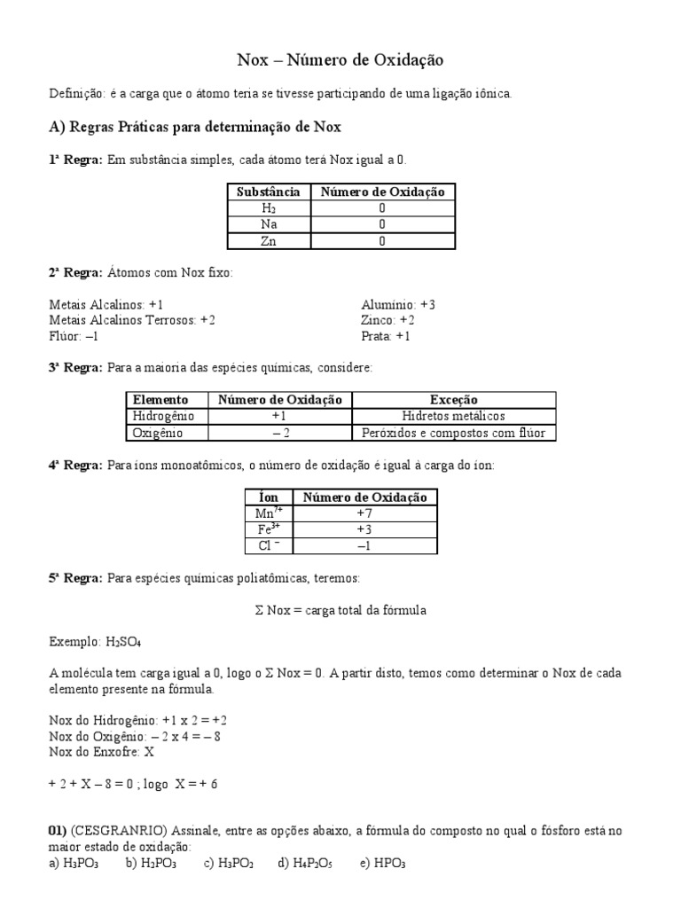 Regras e Exemplos de Nox Químico | PDF | Química | Átomos
