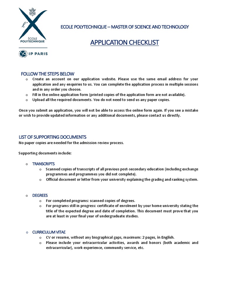 Application Checklist: Ecole Polytechnique - Master of Science and ...